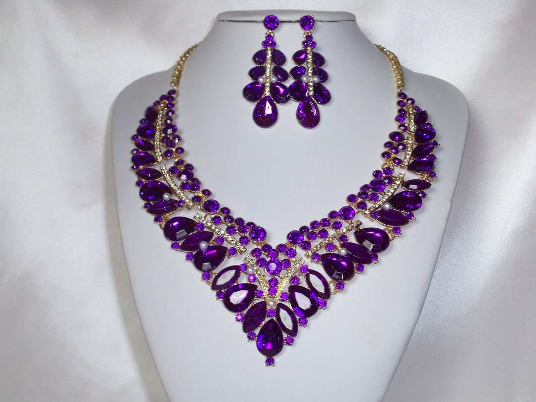 Purple Necklace Set, Wedding Jewelry, Rhinestone Necklace, Pageant Prom ...