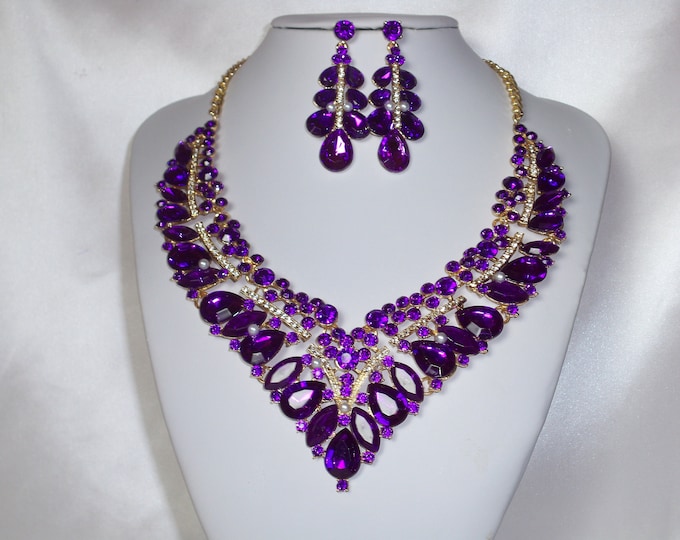 Purple Necklace Set Wedding Jewelry Rhinestone Necklace - Etsy