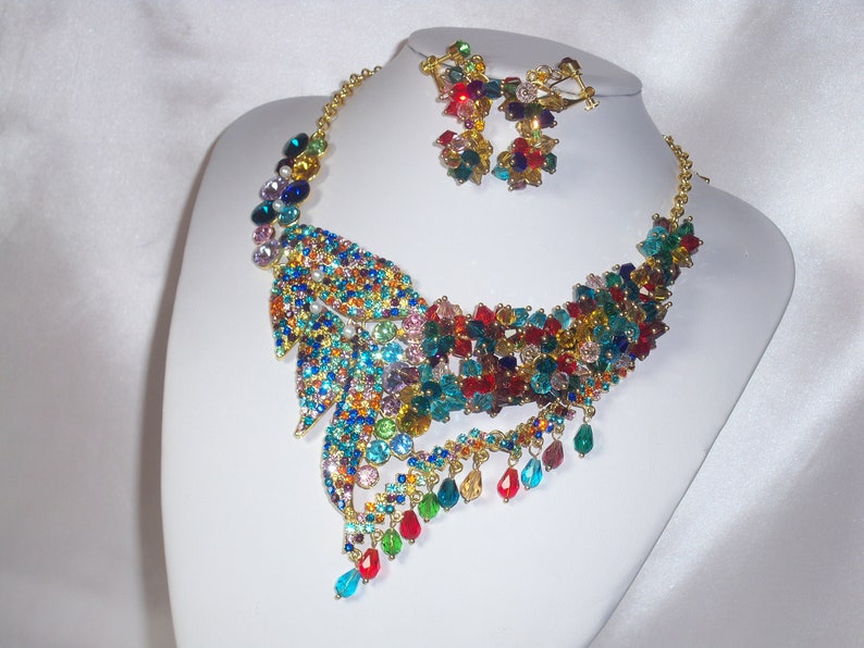 Rainbow Multi Color Rhinestone Crystal Necklace Set MOB - Etsy