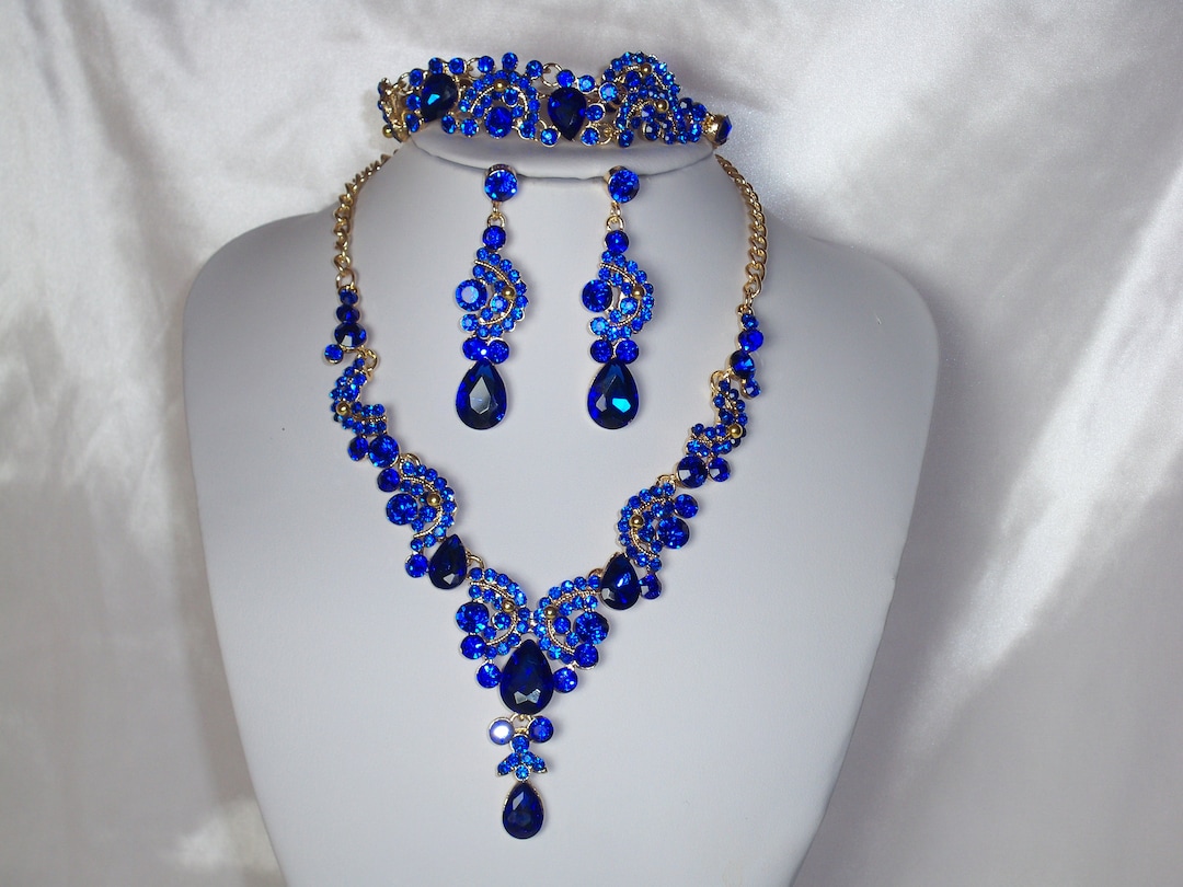 Blue Necklace Set, Statement Necklace, Blue Rhinestone Necklace ...