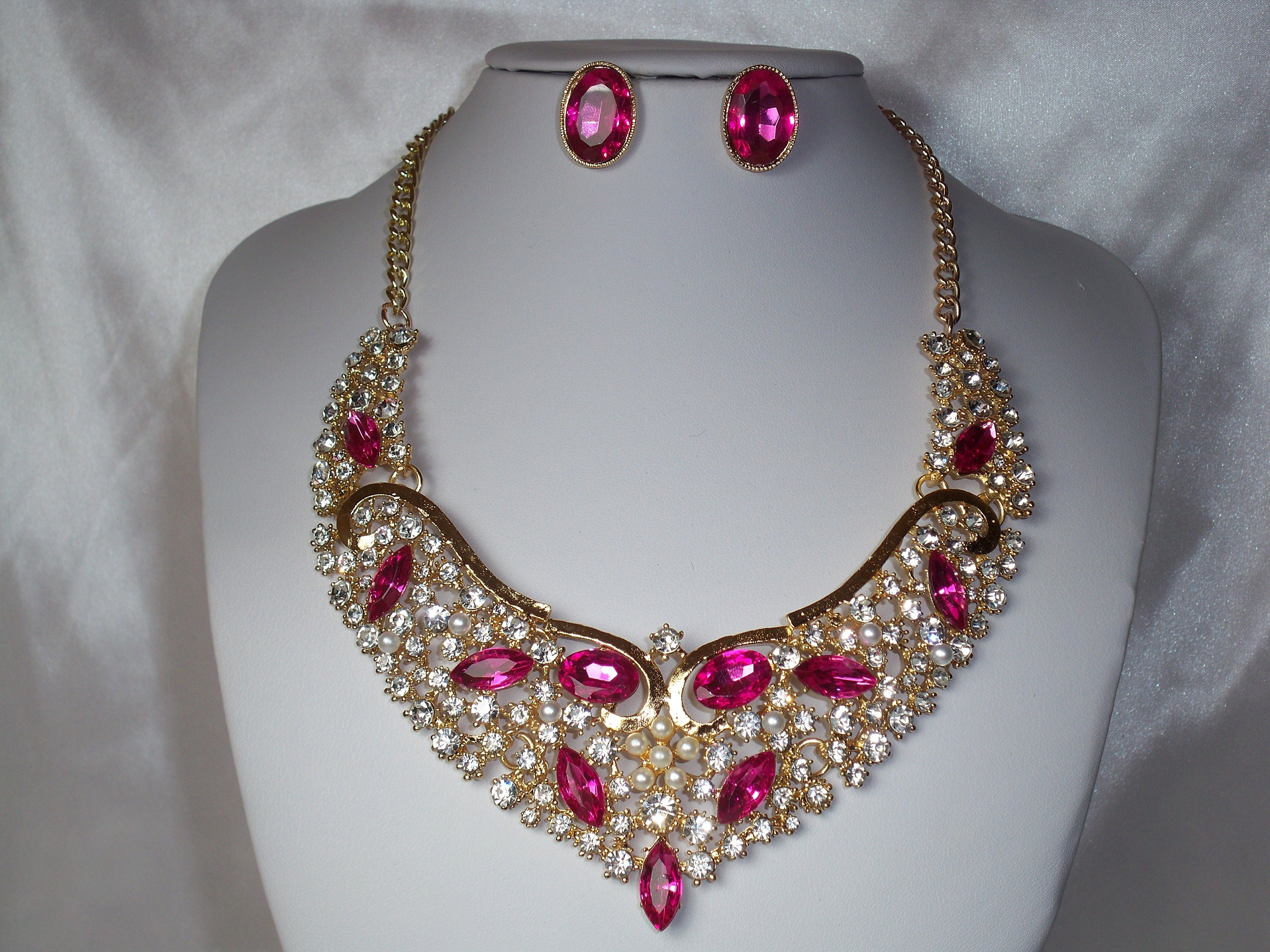 Hot Pink Necklace Set Pink Rhinestone Necklace Pik Necklace Etsy
