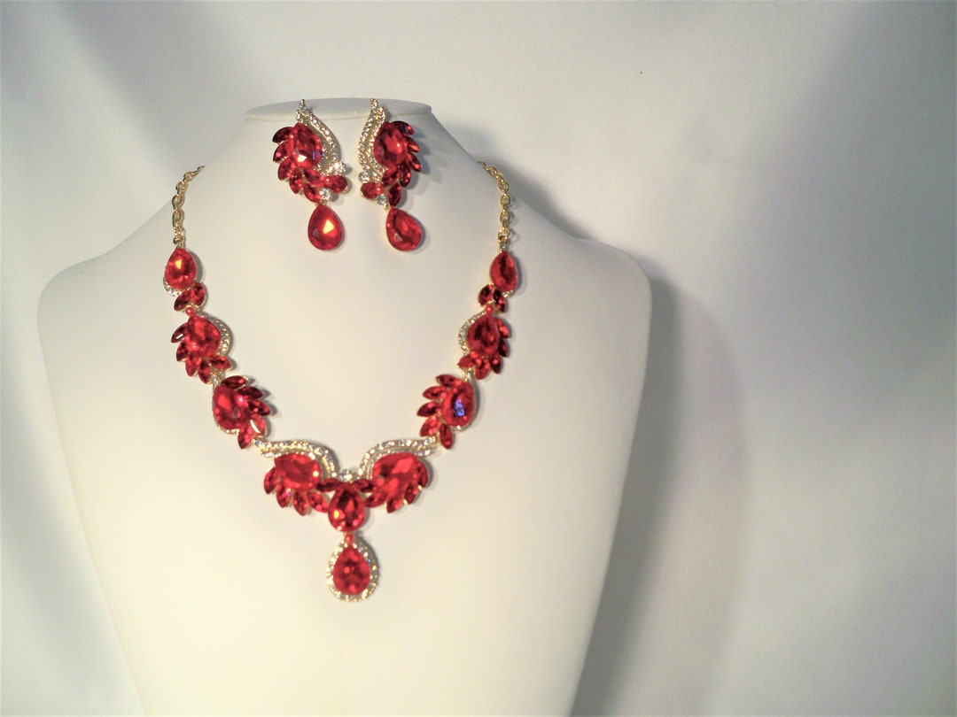 Red Rhinestone Necklace Set, Wedding Bridal Mob Necklace, Prom ...