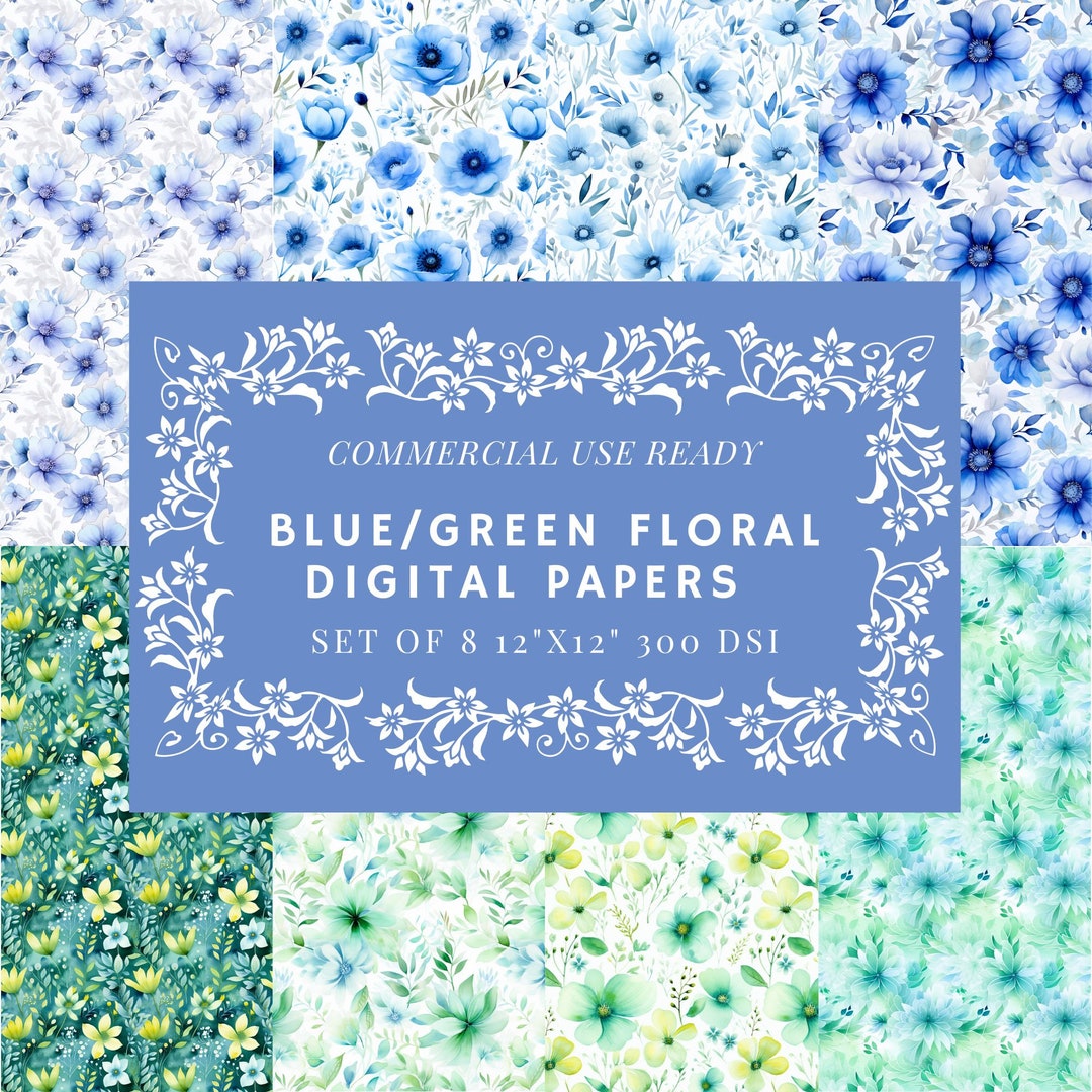 Premium PNG Seamless Blue & Green Floral Watercolor Digital Papers Set ...