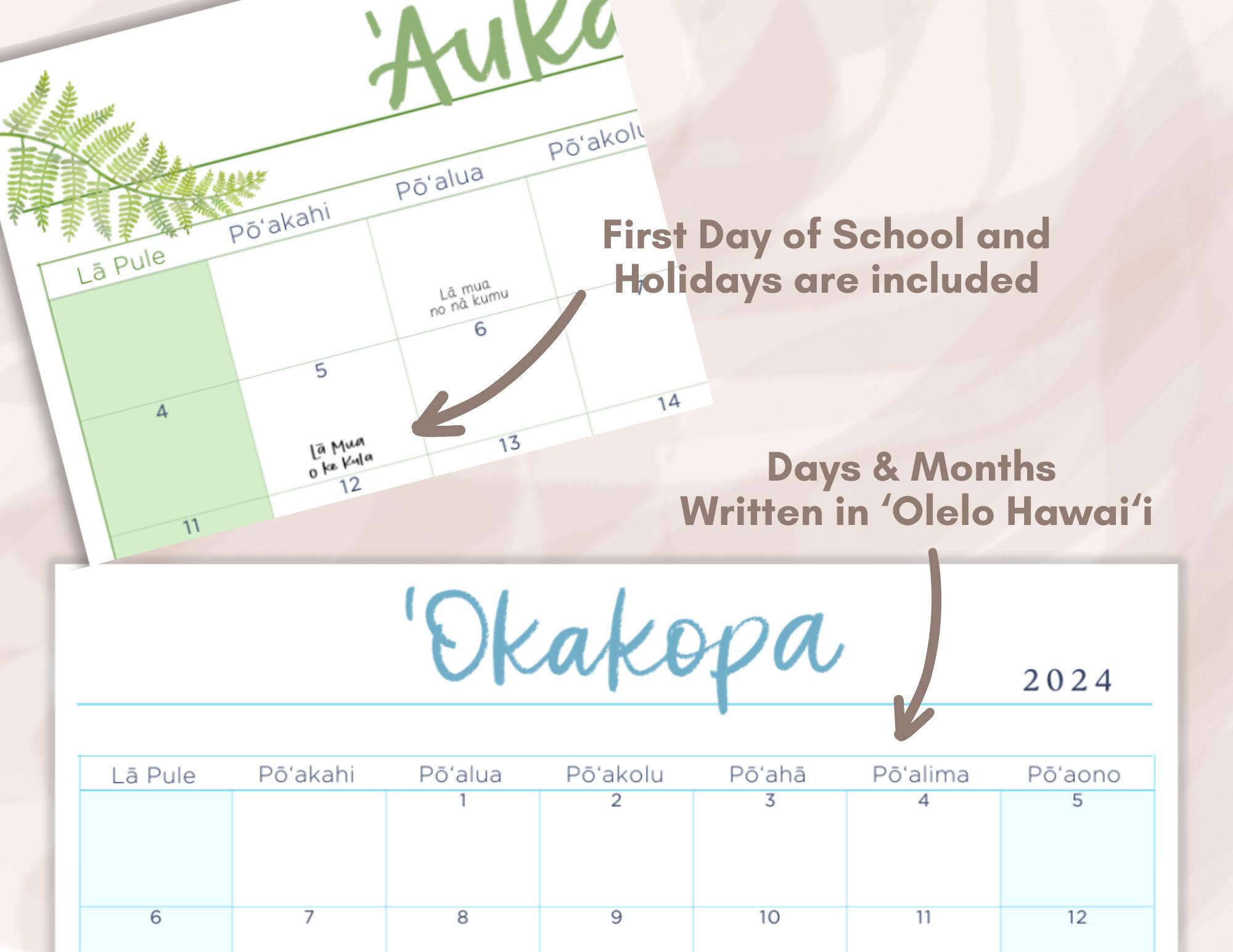 School Calendar for Hawaii Students in Hawaiian Language Olelo Hawaii ...