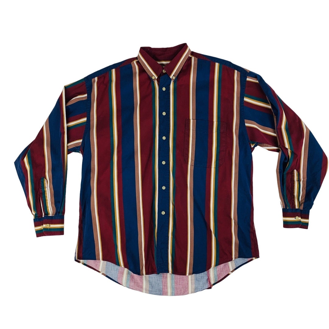 Vintage 90s Striped Shirt Men's XXL Navy Burgundy Button Down Academia ...