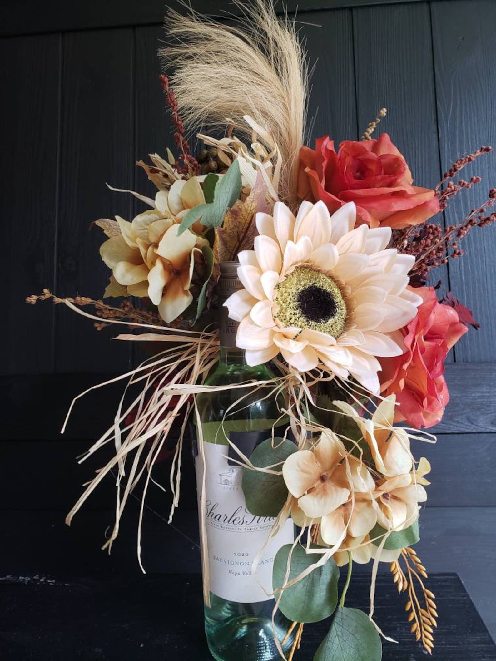 Wine Bottle Floral Arrangement, Hostess Gift, Fall Boho Floral Decor ...