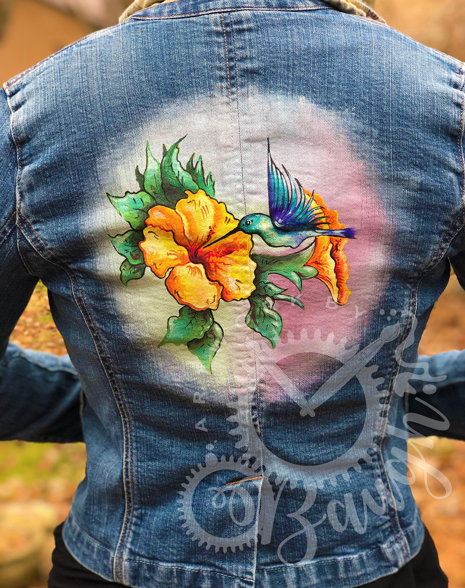 Custom Hand Painted Women’s Jean Jacket, Hummingbird and Flower, Hand ...