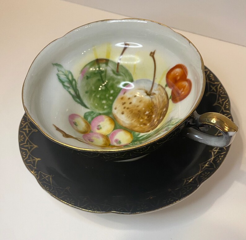 Vintage Nippon Yoko Boeki Co. Japan Teacup Black Gold Handpainted Fruit ...
