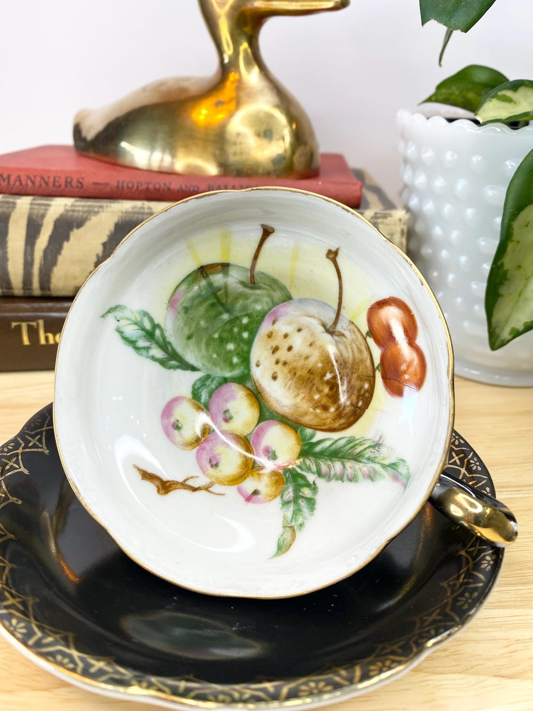 Vintage Teacup Nippon Yoko Boeki Japan Black Gold Handpainted Fruit ...