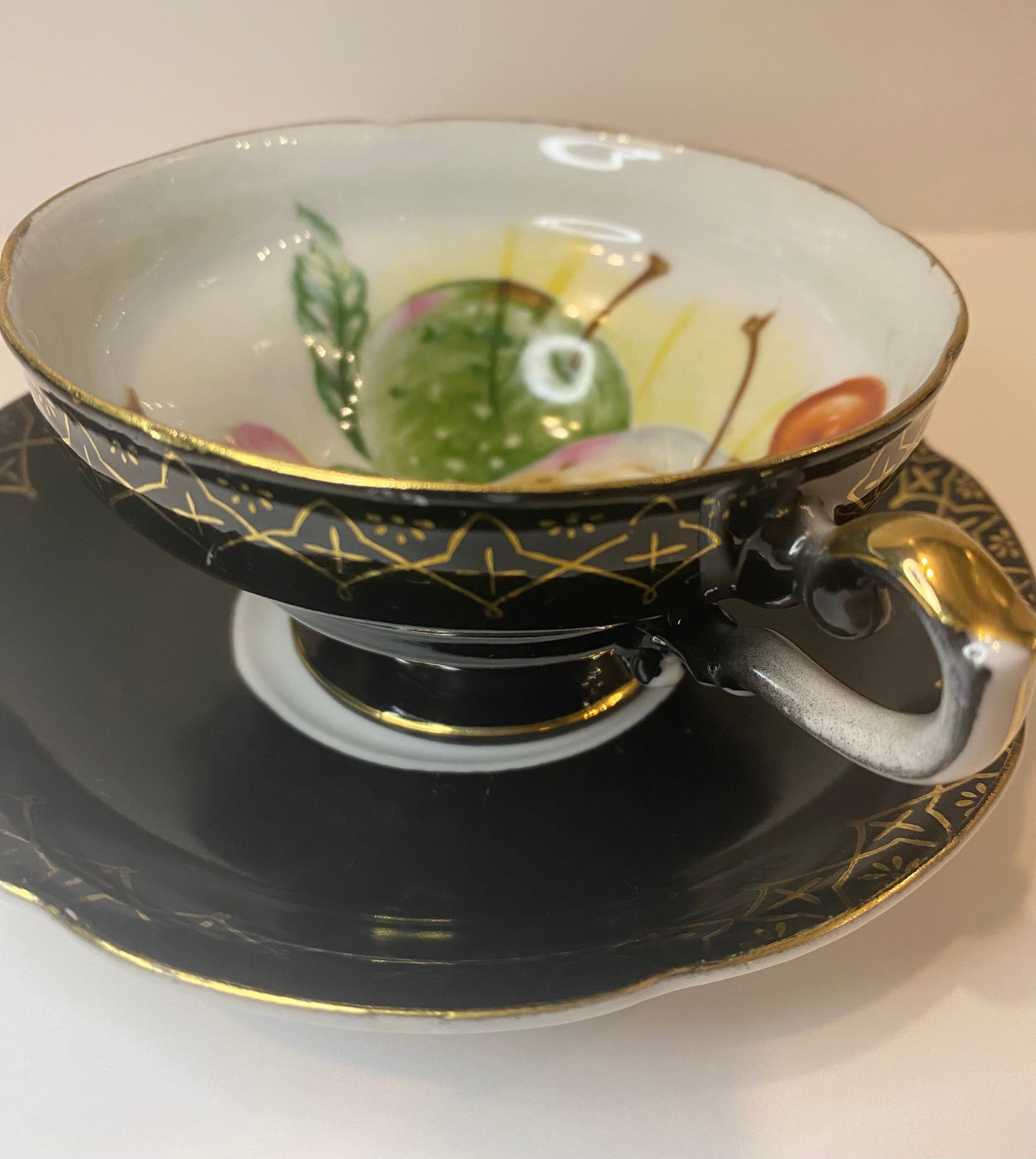 Vintage Nippon Yoko Boeki Co. Japan Teacup Black Gold Handpainted Fruit ...