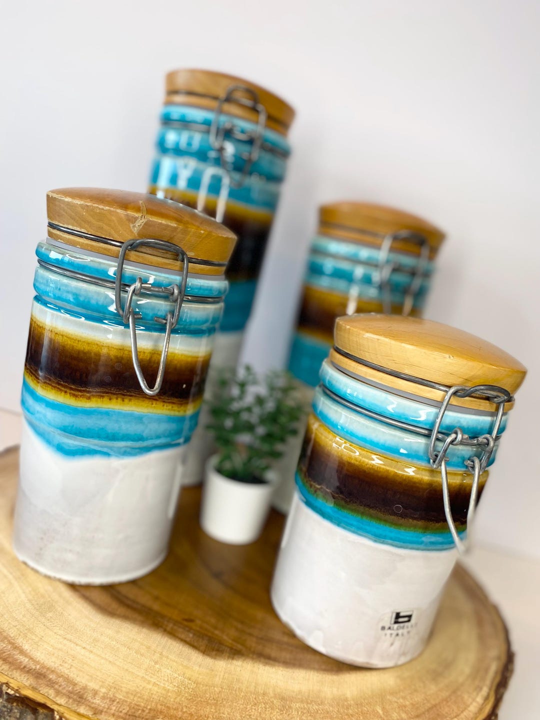 Vintage Baldelli Italy Ceramic Canister Set 495 Wooden Lids Wire Bale ...