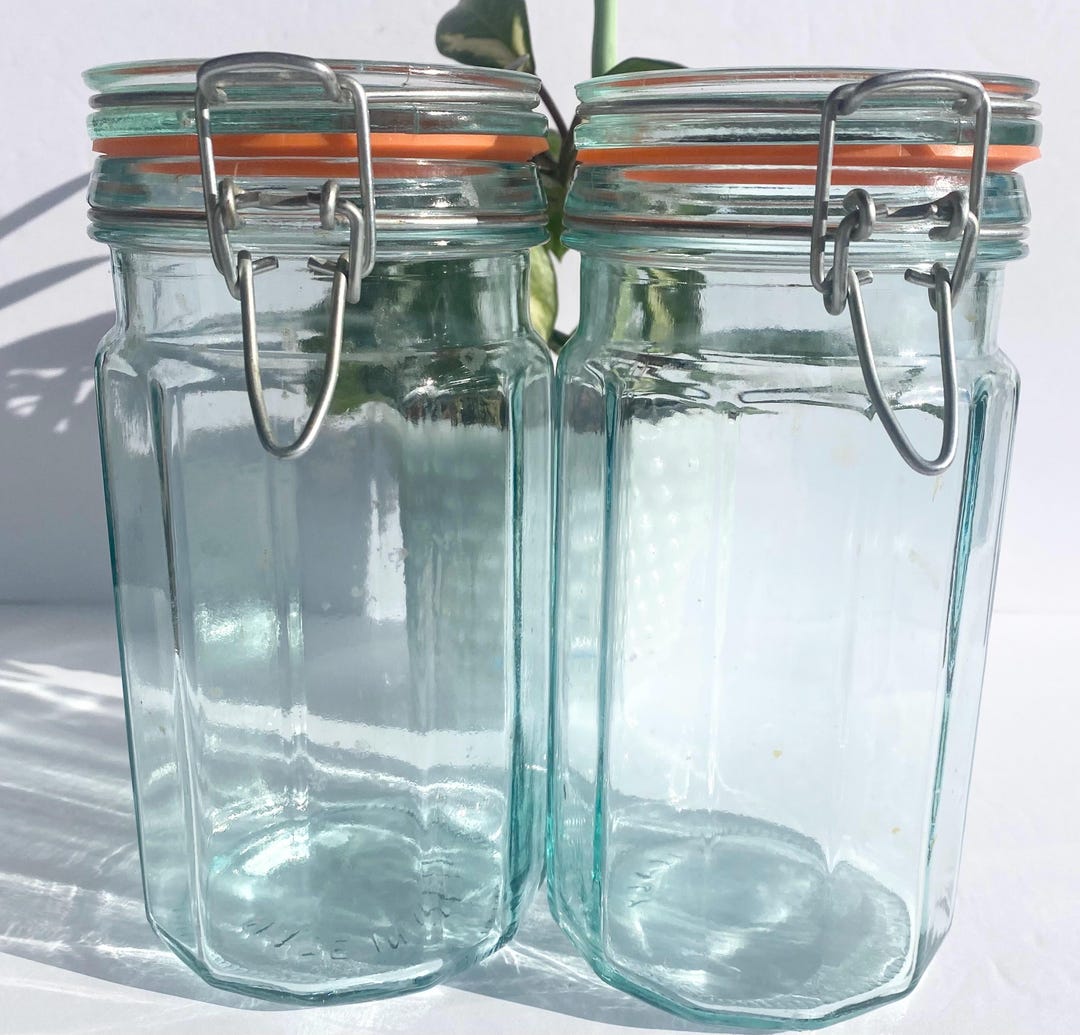 Vintage Italy Hermetic Jar Glass Storage Jars Blue Lid New Seals Wire ...