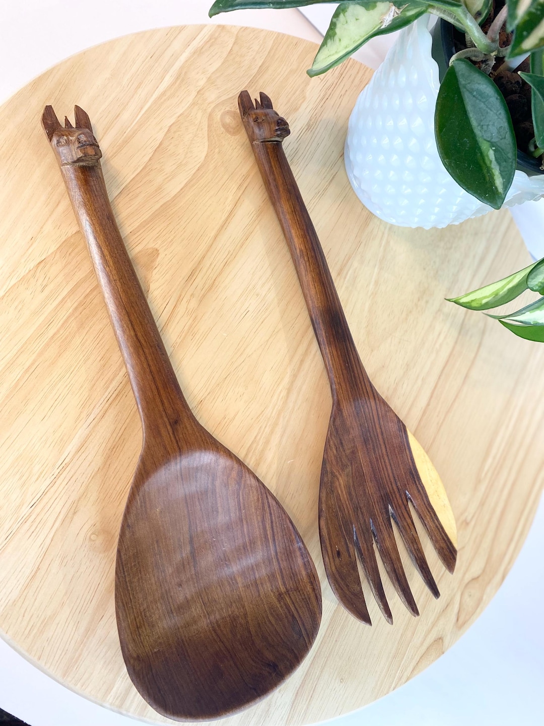 Vintage Teak Wood Salad Serving Spoon Fork African Carved Lama, MCM ...