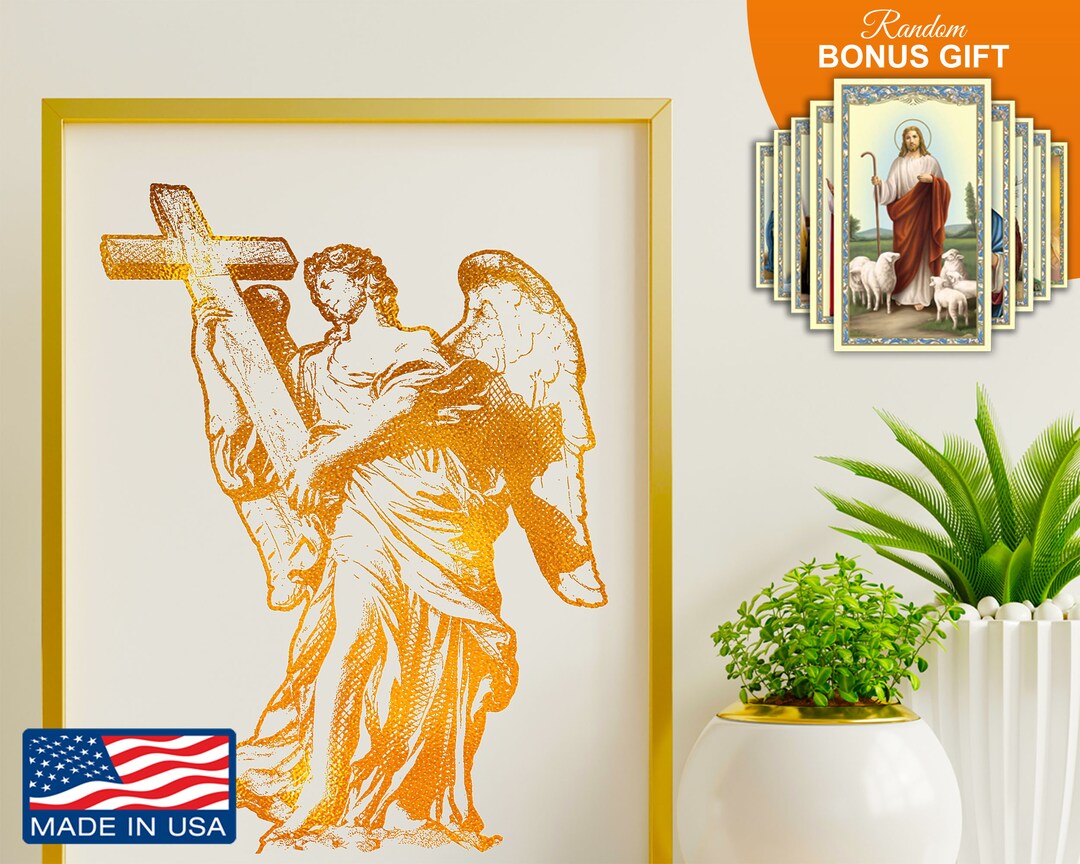 Ángel sosteniendo la cruz - Lámina artística hecha a mano en oro de 20 ...