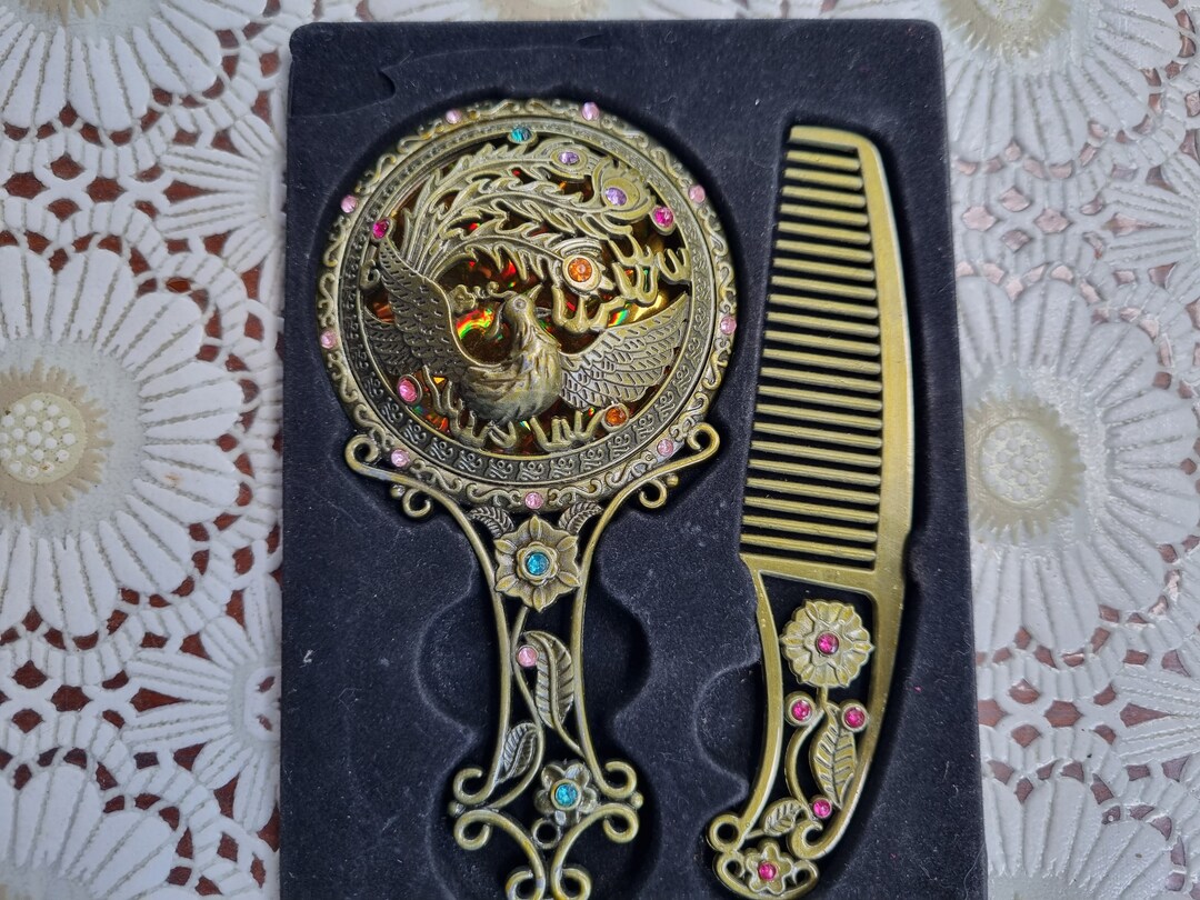 Vintage Maniya Mirror and Comb - Set With Colorful Peacock Design ...