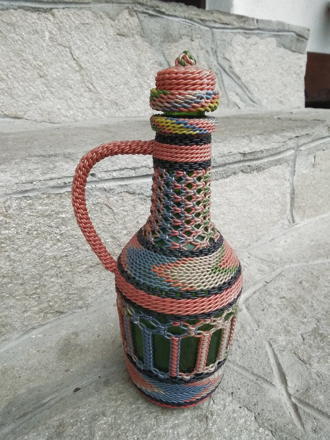 Vintage Braided Bottle - Handmade Bottle of Colored Plastic Fringe ...