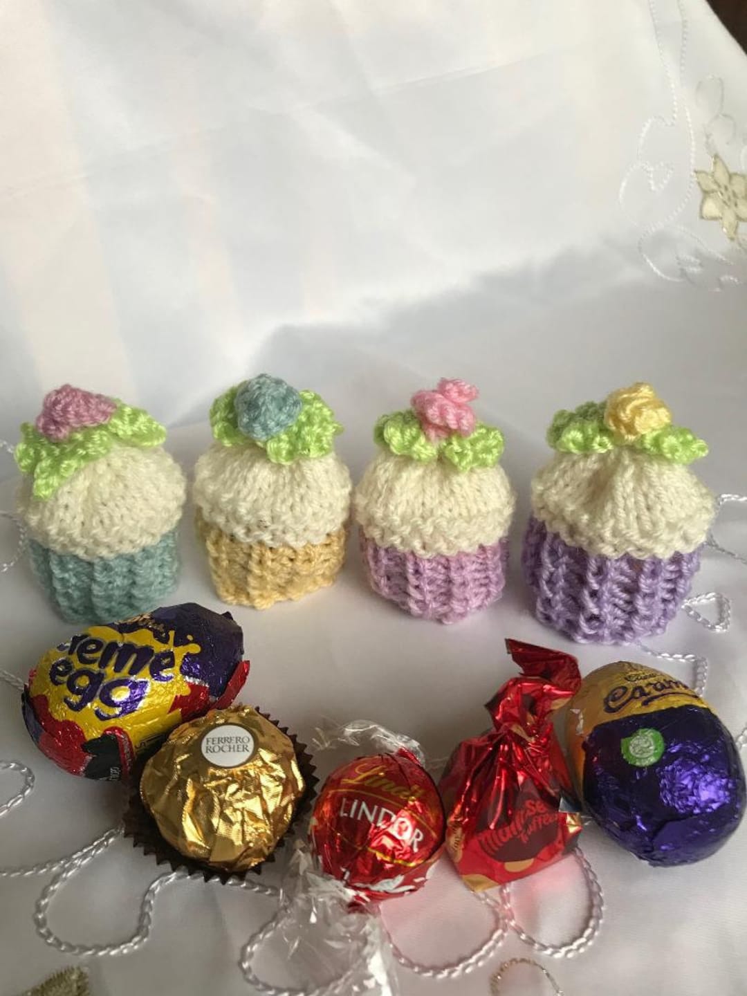 Laminated DK Knitting Pattern Mini Flower Cupcake Creme Egg Ferrero ...