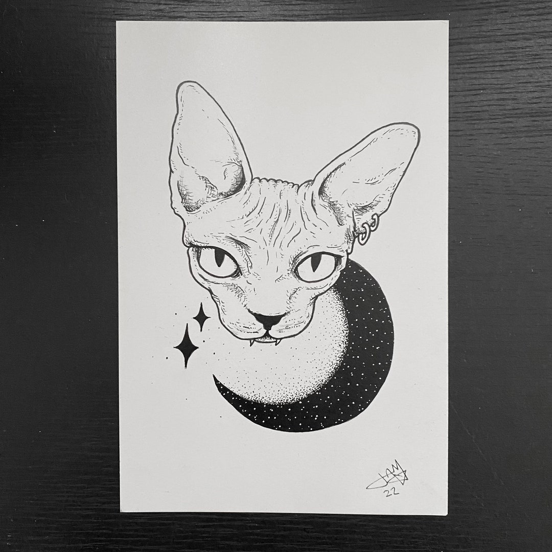 Vampire Sphinx Cat Moon & Stars Tattoo Inspired Original Illustration ...