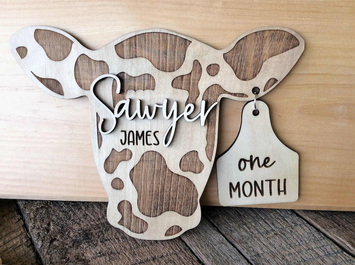 Cow Tag Baby Milestones Birth Announcement Sign Engraved - Etsy