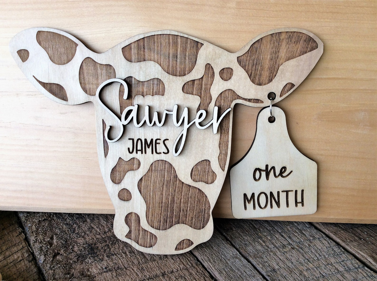 Cow Tag Baby Milestones, Birth Announcement Sign, Engraved Wood Monthly ...