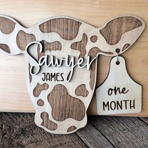 Engraved Wood Cow Tag Baby Milestone Photo Prop, Birth Announcement ...