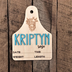 Cow Tag Birth Stats Sign, Personalized Baby Name Announcement, Highland ...