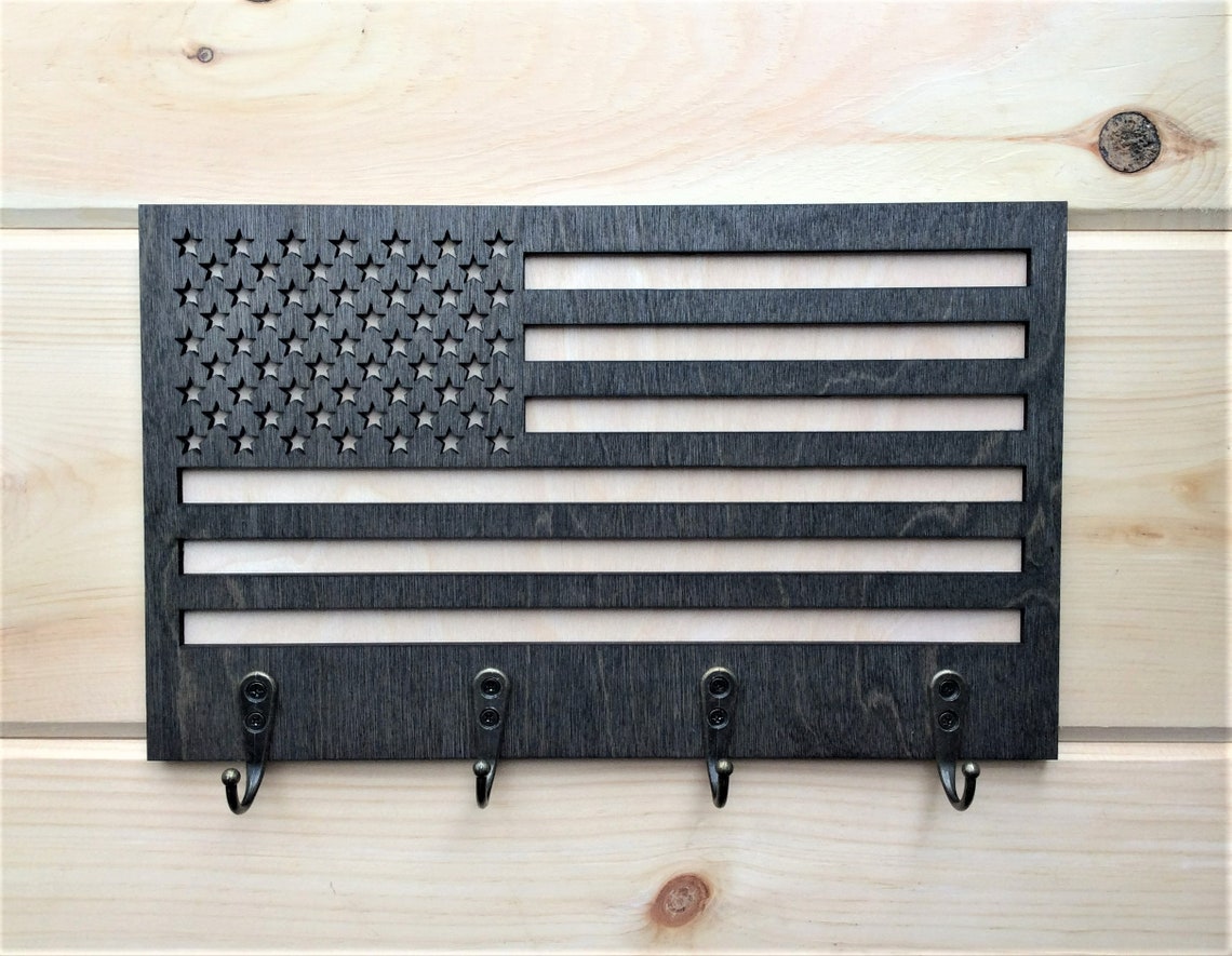 American Flag Key Holder for Wall, Patriotic Decor, Rustic Wood Key ...