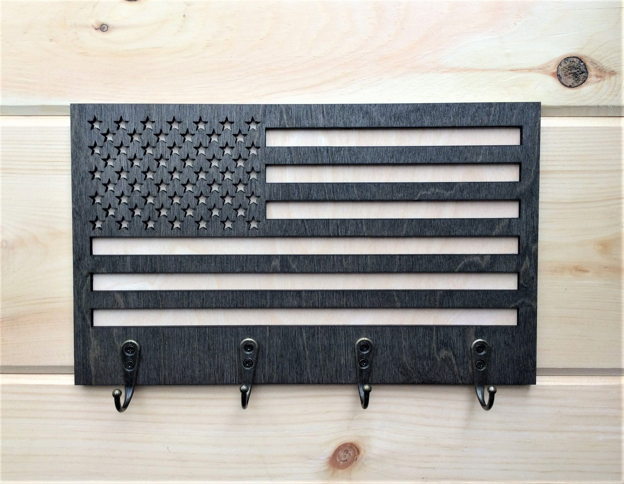 American Flag Key Holder for Wall, Patriotic Decor, Rustic Wood Key ...