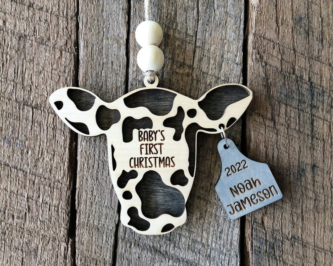 Baby's First Christmas Cow Ornament, Custom Engraved Tag - Etsy