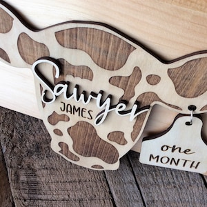 Cow Tag Baby Milestones, Birth Announcement Sign, Engraved Wood Monthly ...