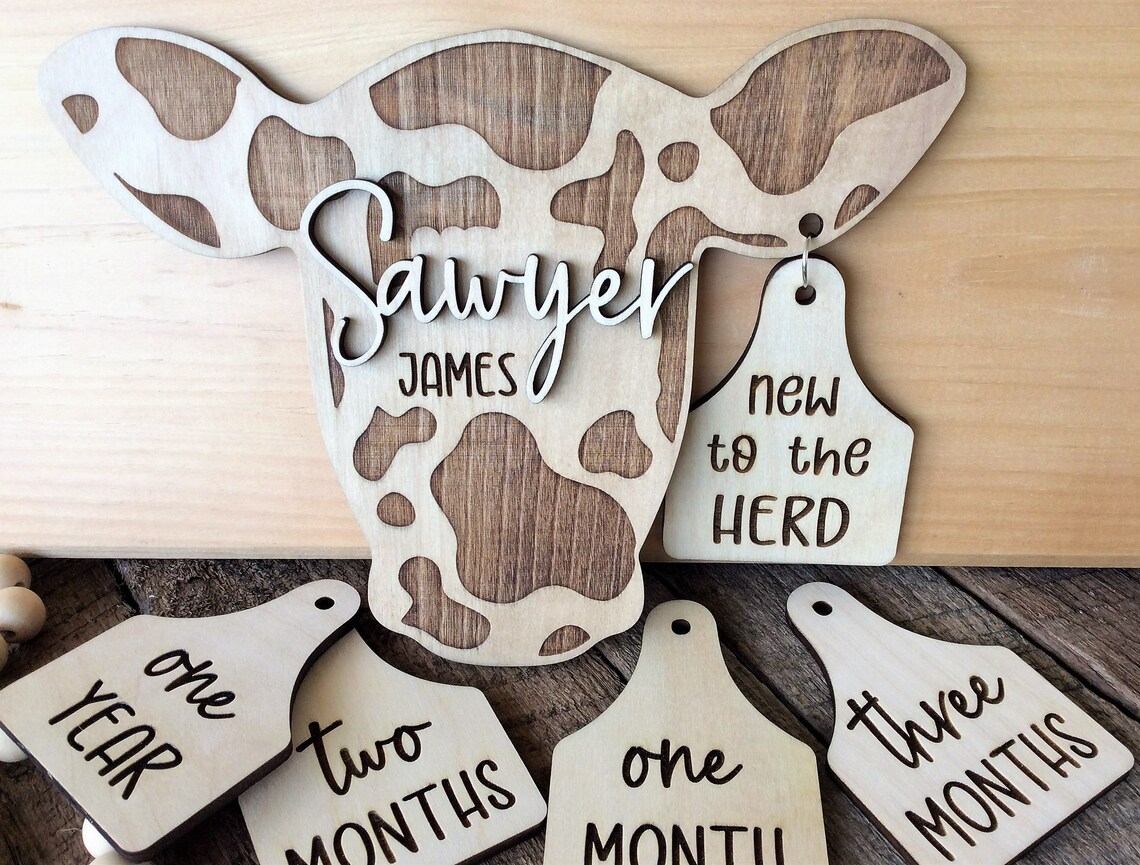 Cow Tag Baby Milestones Birth Announcement Sign Engraved - Etsy
