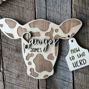 Engraved Wood Cow Tag Baby Milestone Photo Prop, Birth Announcement ...