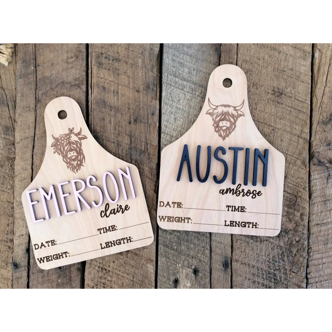 Cow Tag Birth Stats Sign, Personalized Baby Name Announcement, Highland ...