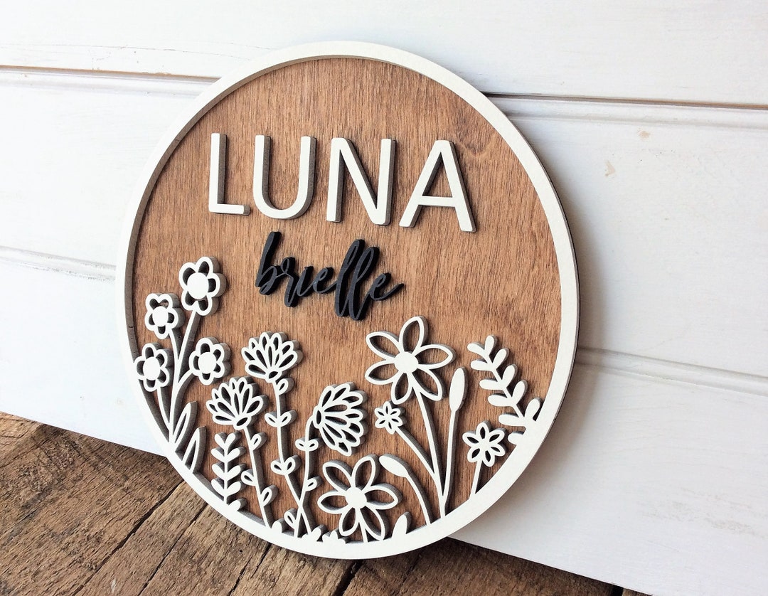 Flower Nursery Name Sign, Round Wood Baby Name Announcement, Wildflower ...