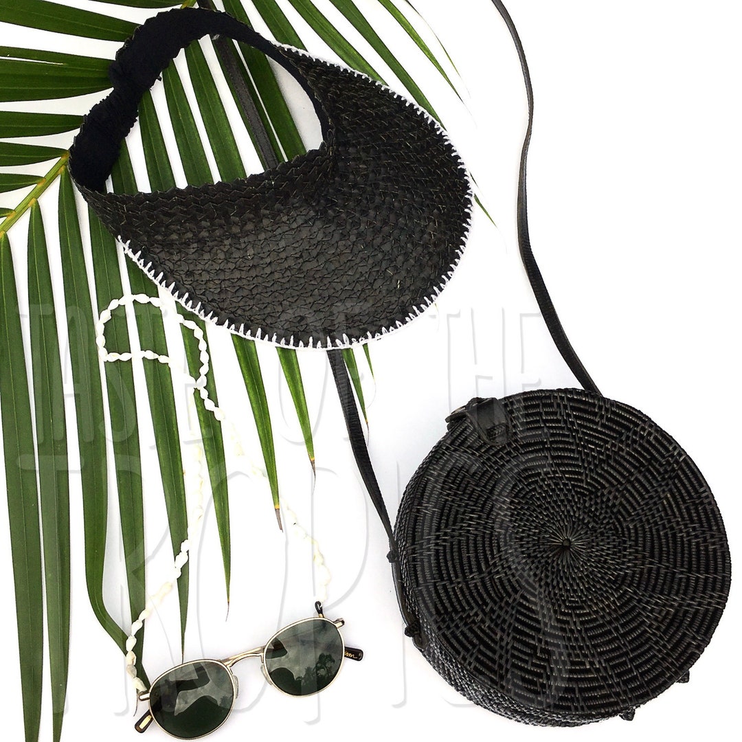 Round Black Rattan Bag // Round Rattan Bali Ata Purse // Black Bamboo ...