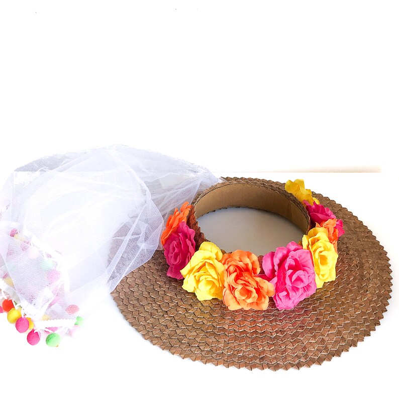 Flower Crown Sun Hat With Veil // Fiesta Flower Headband - Etsy