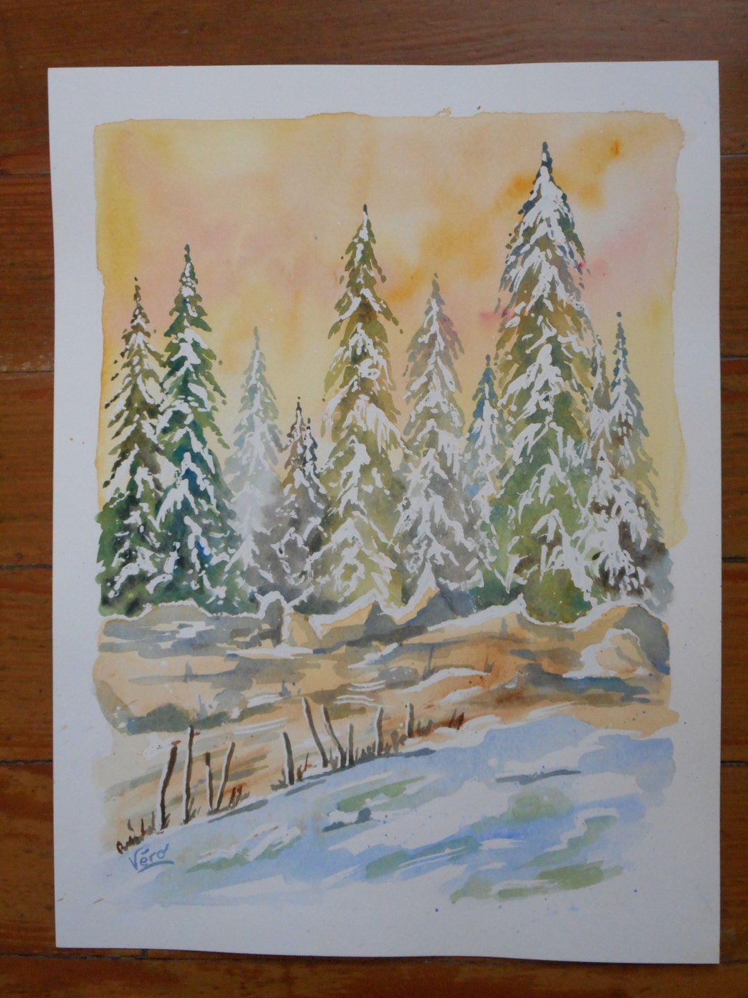 Original Watercolor of Fir Trees Under the Snow Wall Decoration - Etsy