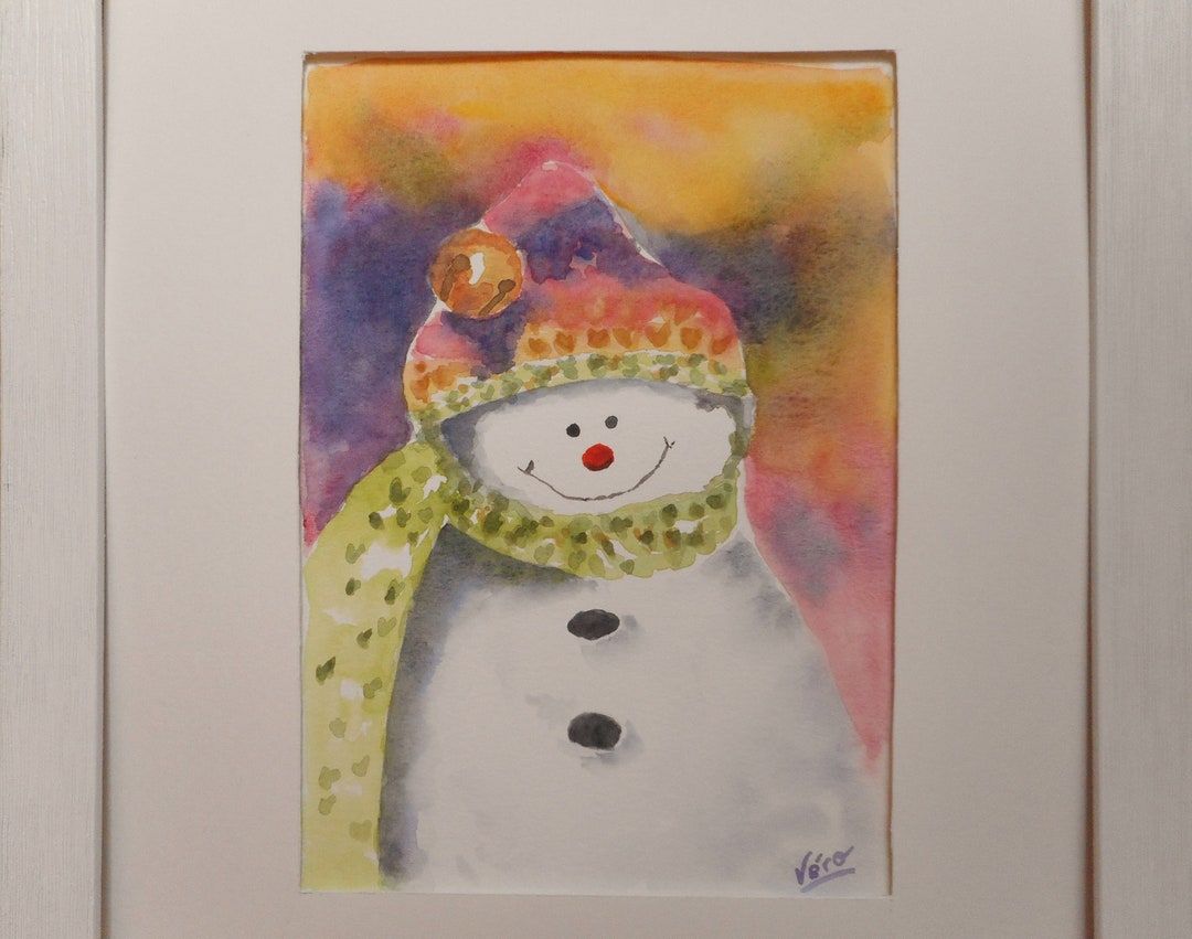 Original Watercolor Snowman With Bell Christmas Painting Handmade - Etsy
