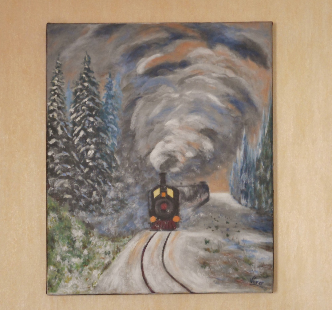 Original Painting of a Train in a Forest Under the Snow in Acrylic or ...