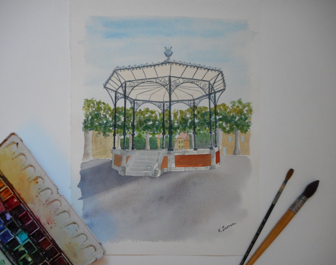 Original Urban Watercolor of a Bandstand in France or Monument ...