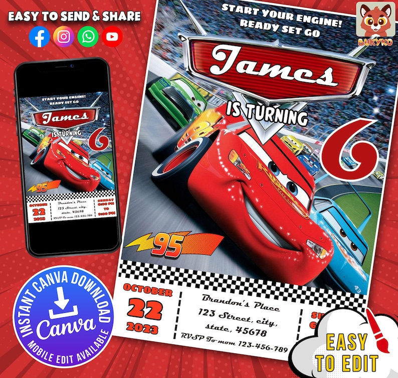 Cars Birthday Invitation Card Cars Birthday Party Boy Girl Birthday ...