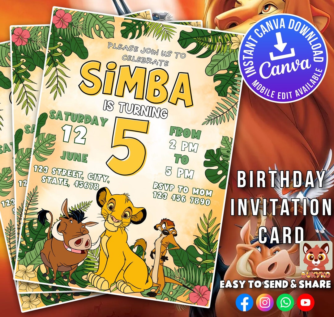 Lion King Birthday Digital Invitation Card Simba Lion King Birthday ...