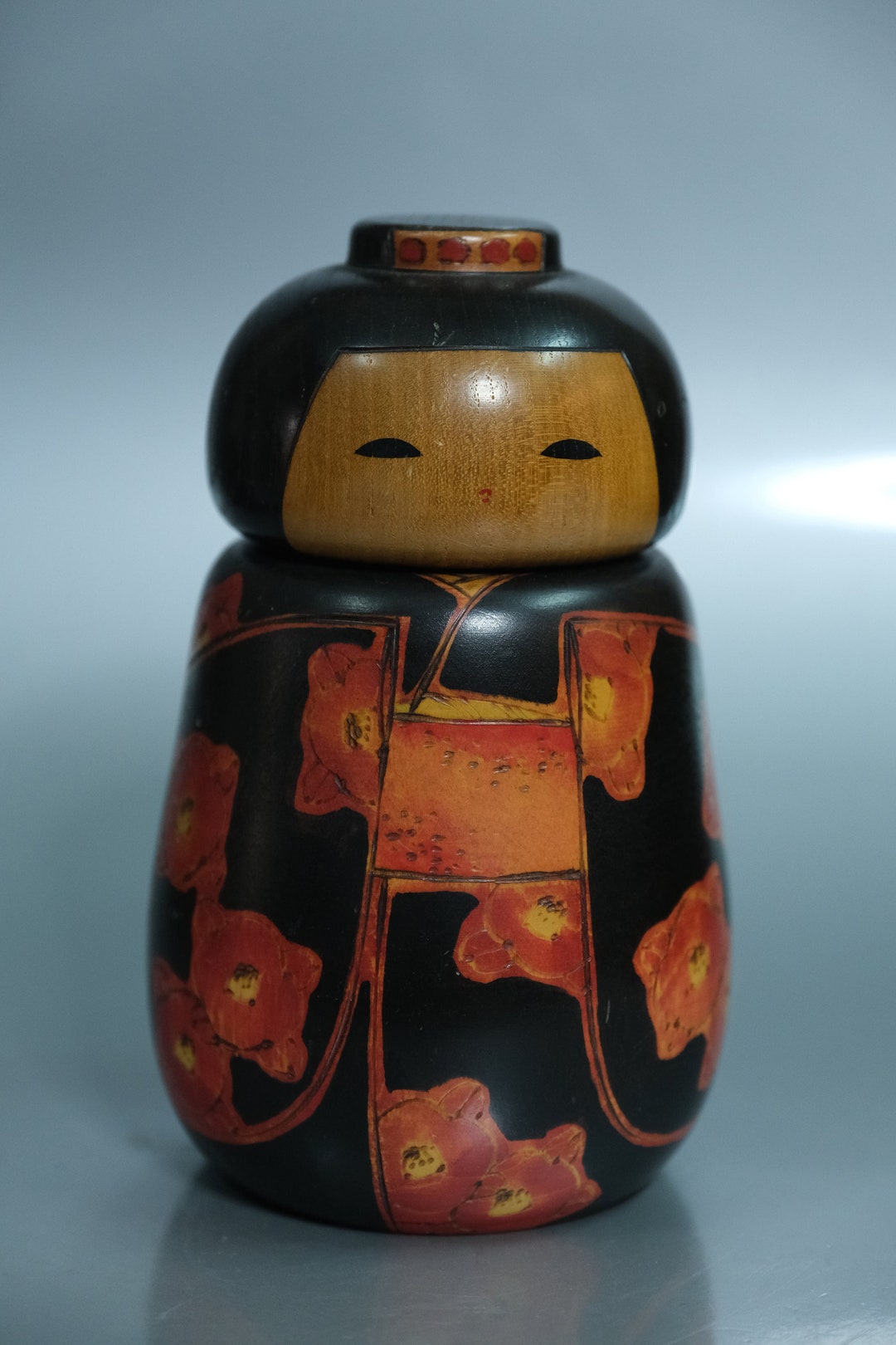 Vintage Sekiguchi Toa Kokeshi Doll With Black Kimono and Plum Flowers ...