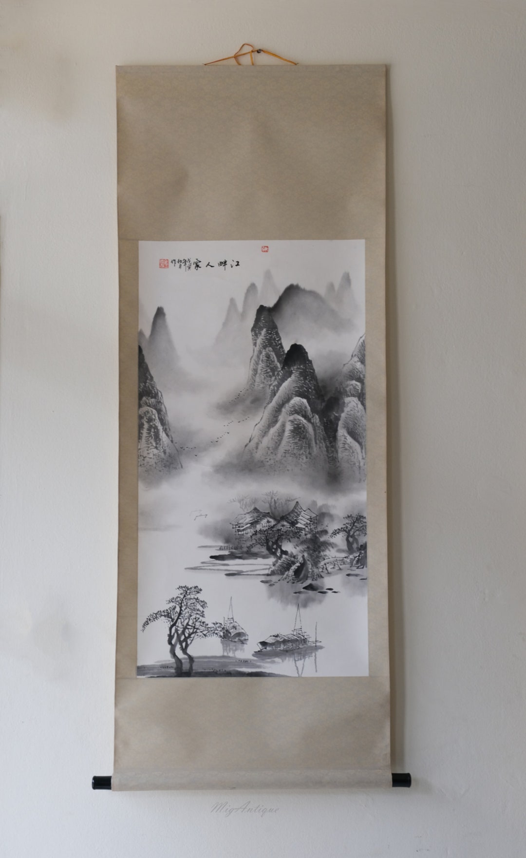 Vintage Chinese Natural Scenery Scroll - Serene Monochrome Landscape ...