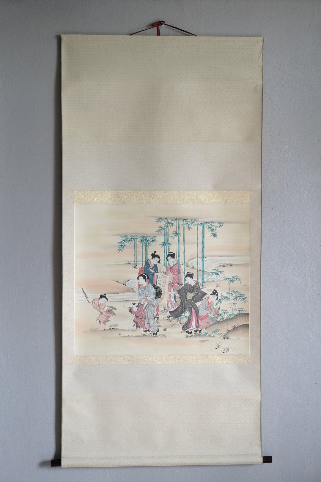 Huge Vintage Japanese Hanging Scroll - Five Women and Children in ...