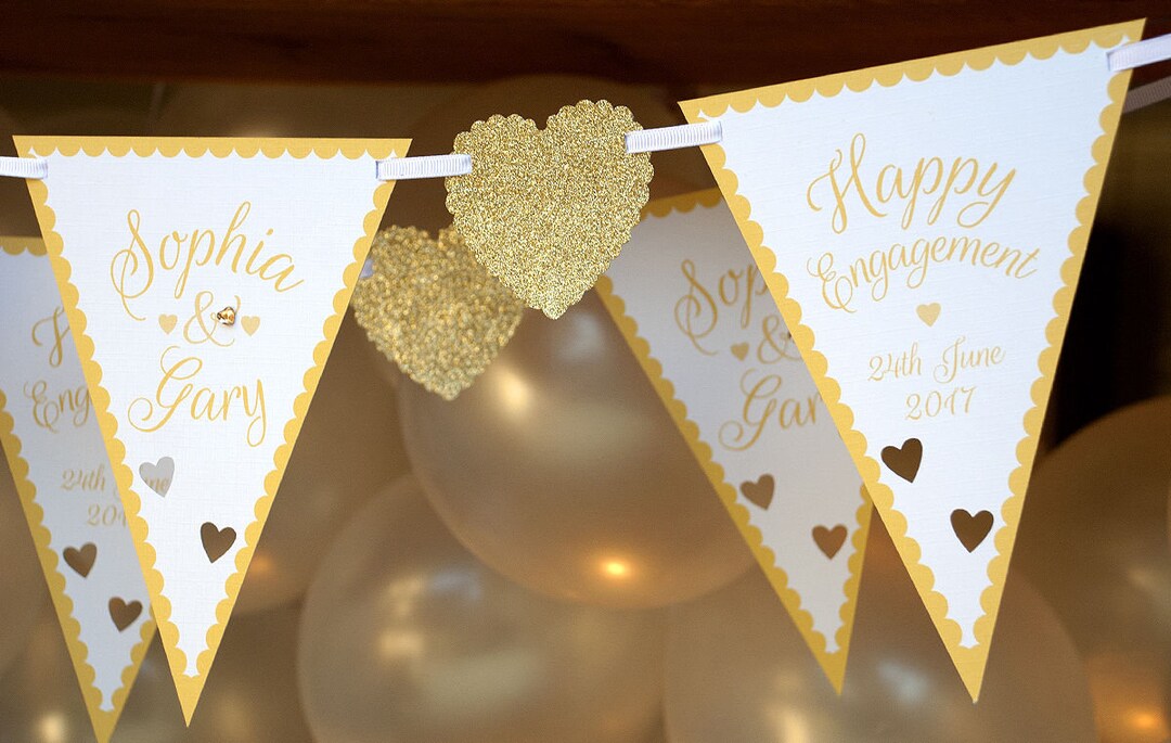 Engagement Bunting - Personalised Gold Engagement Banner - Contemporary ...