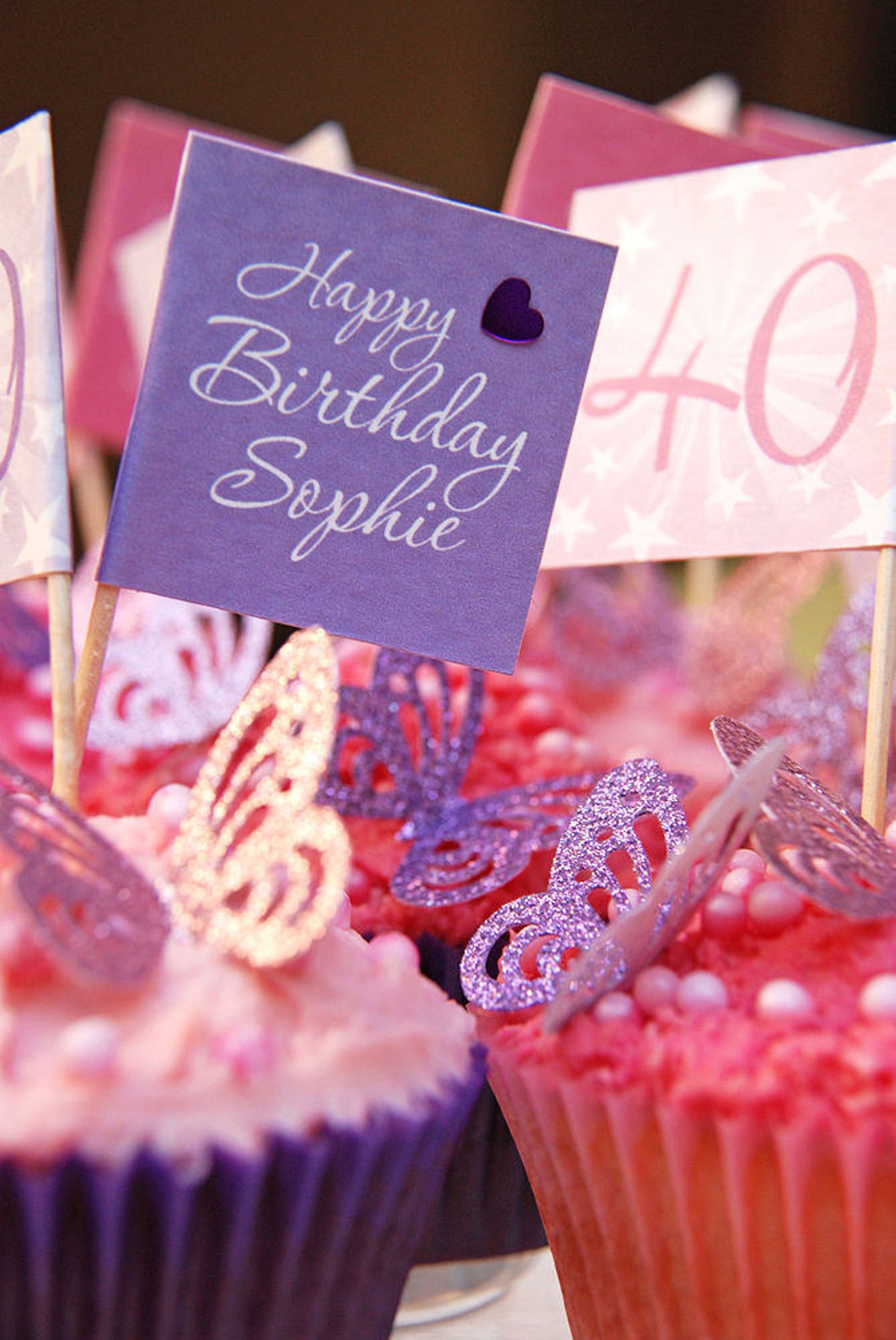 Birthday Cake Picks Pink Cupcake Flags 18th 40th 50th 24 | Etsy