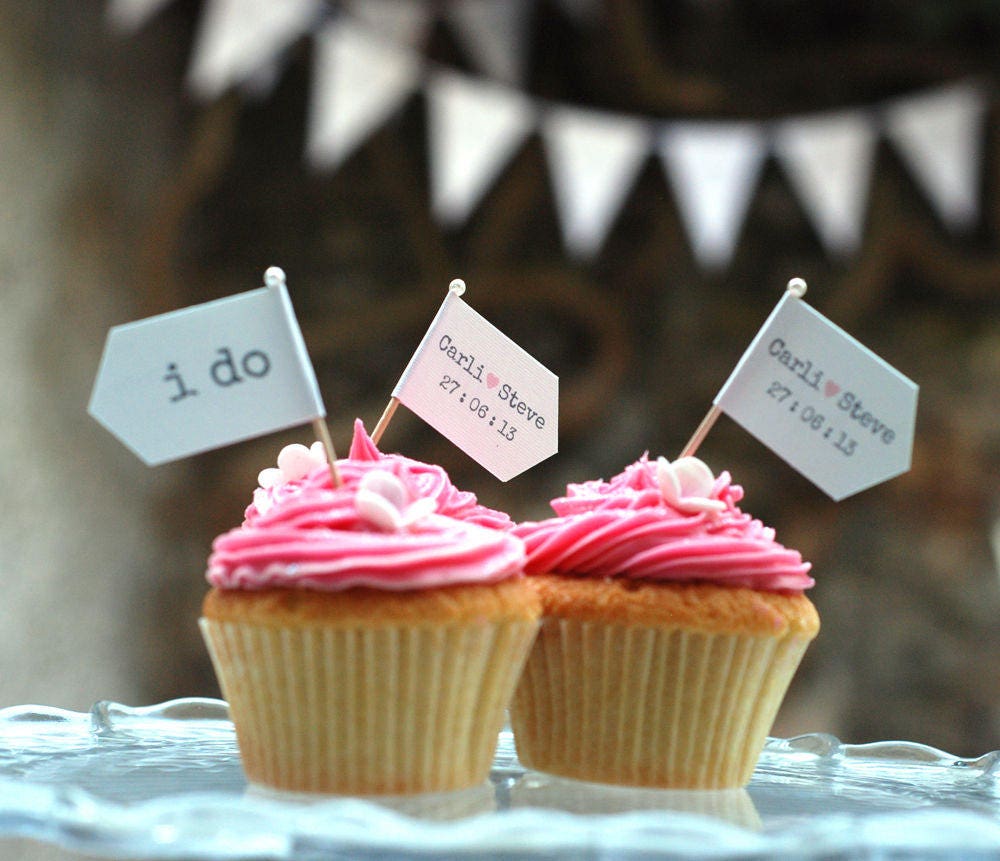 Personalised Wedding Cupcake Flags - I Do - Mr and Mrs Heart Toppers ...