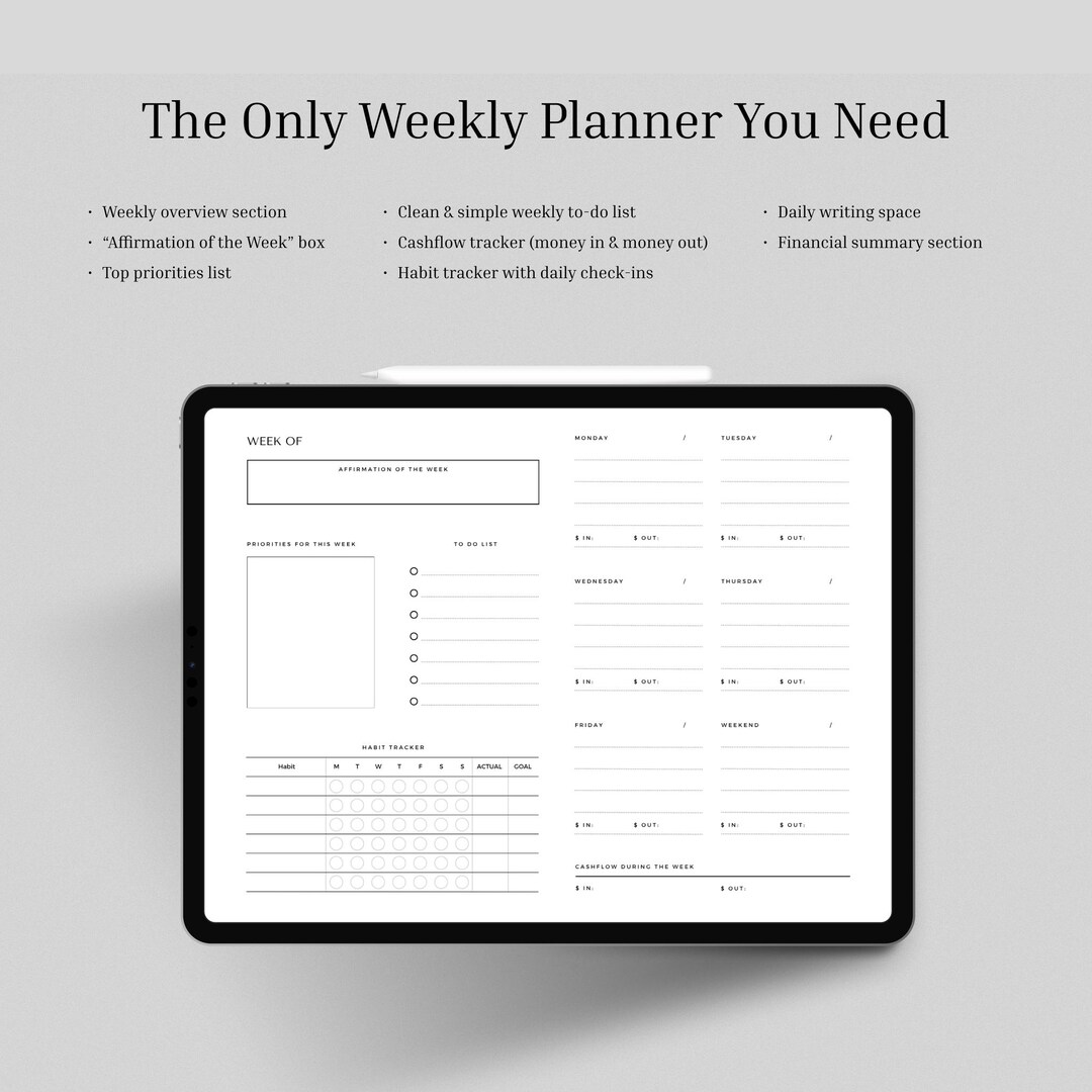 Minimalist Weekly Planner Printable | Budget & Habit Tracker (PDF) - Etsy