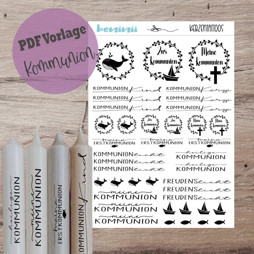 PDF A4 Template communion Candle Tattoo Candle Sticker Candles Water ...